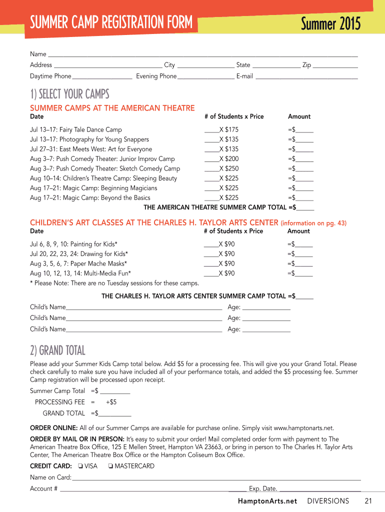 Fillable Online Summer 2015 SUMMER CAMP REGISTRATION FORM Fax Email ...