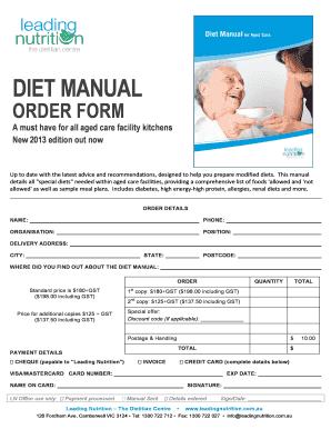 Fillable Online Diet manual order form FINALv3 - Dietitian Centre Fax ...