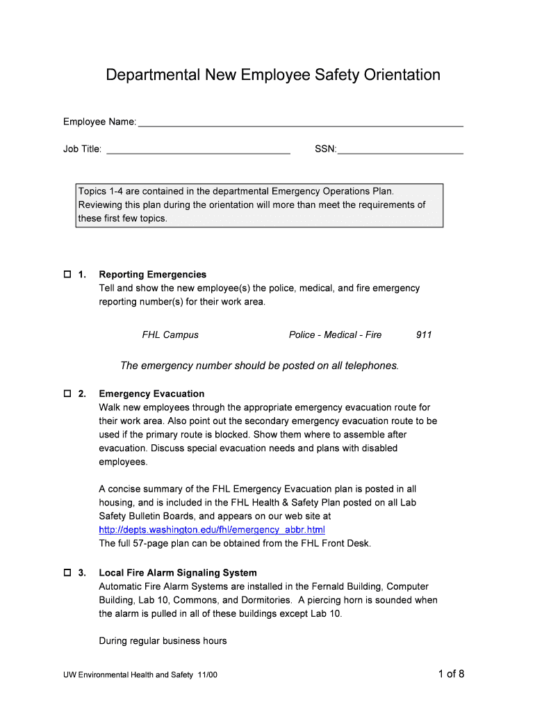 Fillable Online depts washington Departmental New Employee Safety ...