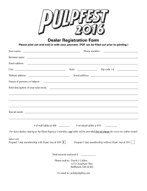 Fillable Online Dealer Registration Form - PulpFest Fax Email Print ...