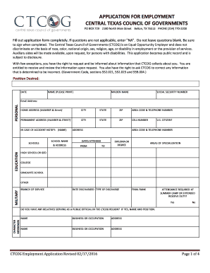 Fillable Online ctcog Employment Application Form - Central bTexasb ...