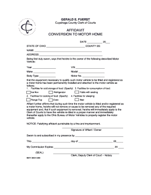 Fillable Online AFFIDAVIT CONVERSION TO MOTOR HOME - Cuyahoga County ...