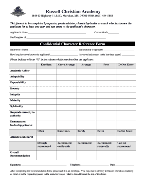 Fillable Online Confidential Character Reference Form - Russell Christian Fax Email Print ...