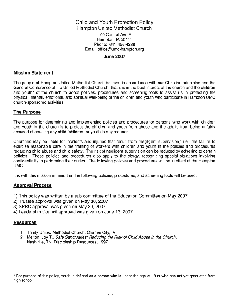 Fillable Online umc-hampton Child and Youth Protection Policy - Hampton ...