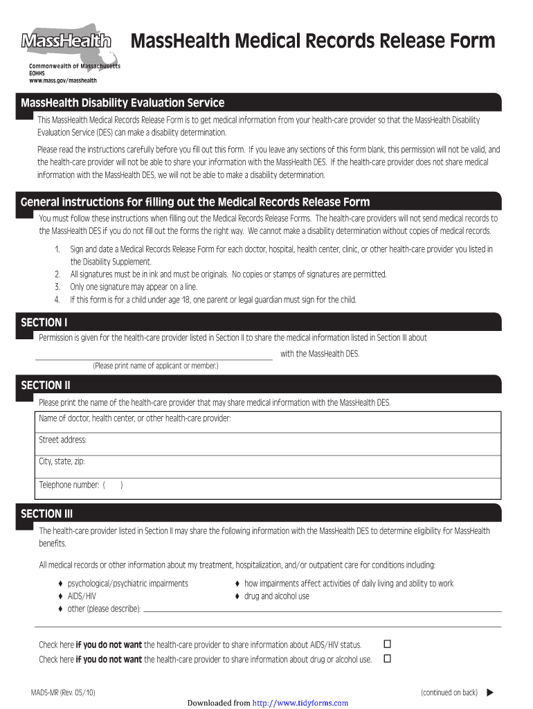 Fillable Online BMassHealthb Medical Records Release bFormb - TidyForms ...