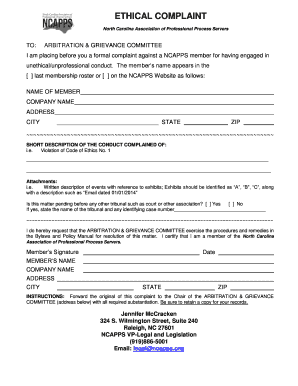 Fillable Online ncapps Ethical complaint form - North Carolina Association of Professional ...