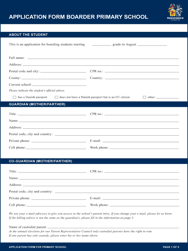 Fillable Online herlufsholm APPLICATION FORM BOARDER PRIMARY SCHOOL Fax ...