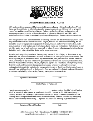 Fillable Online brethrenwoods Canoeing Permission Slip - Waiverdoc ...