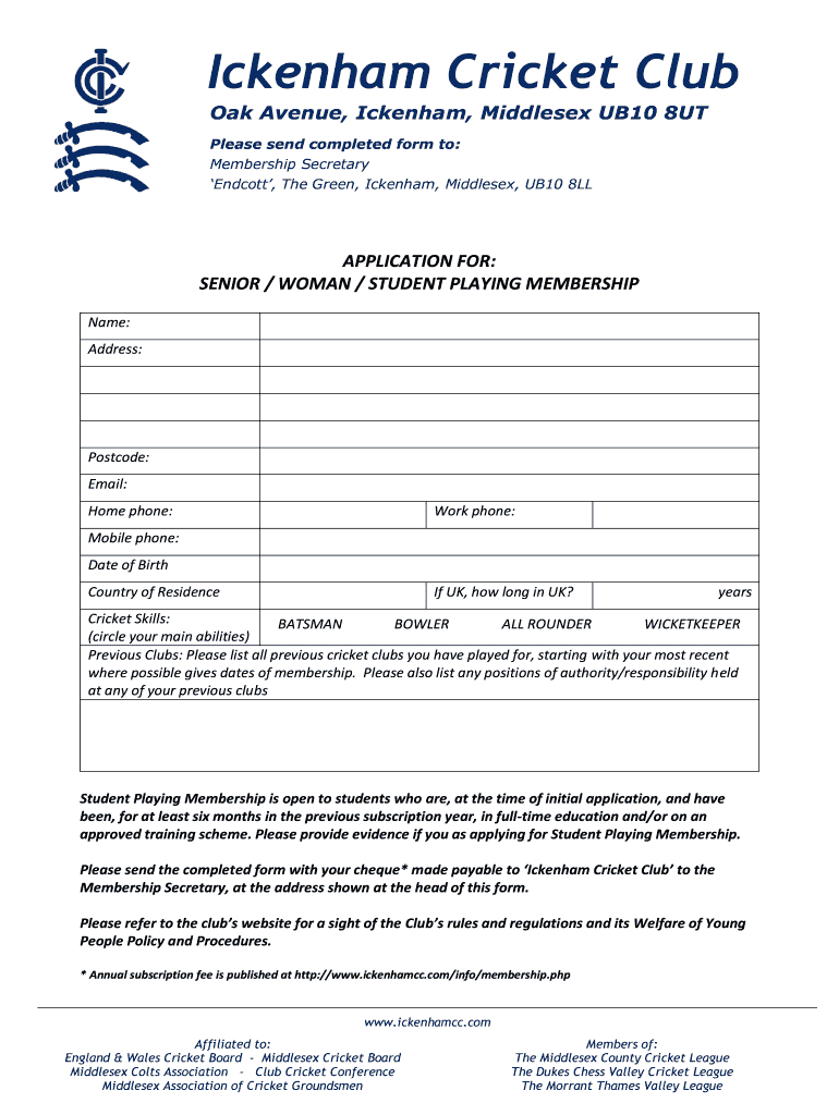 Fillable Online Players application form - Ickenham Cricket Club Fax ...