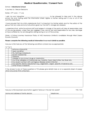 Fillable Online imberhorne w-sussex sch Medical Questionnaire Consent Form Fax Email Print ...