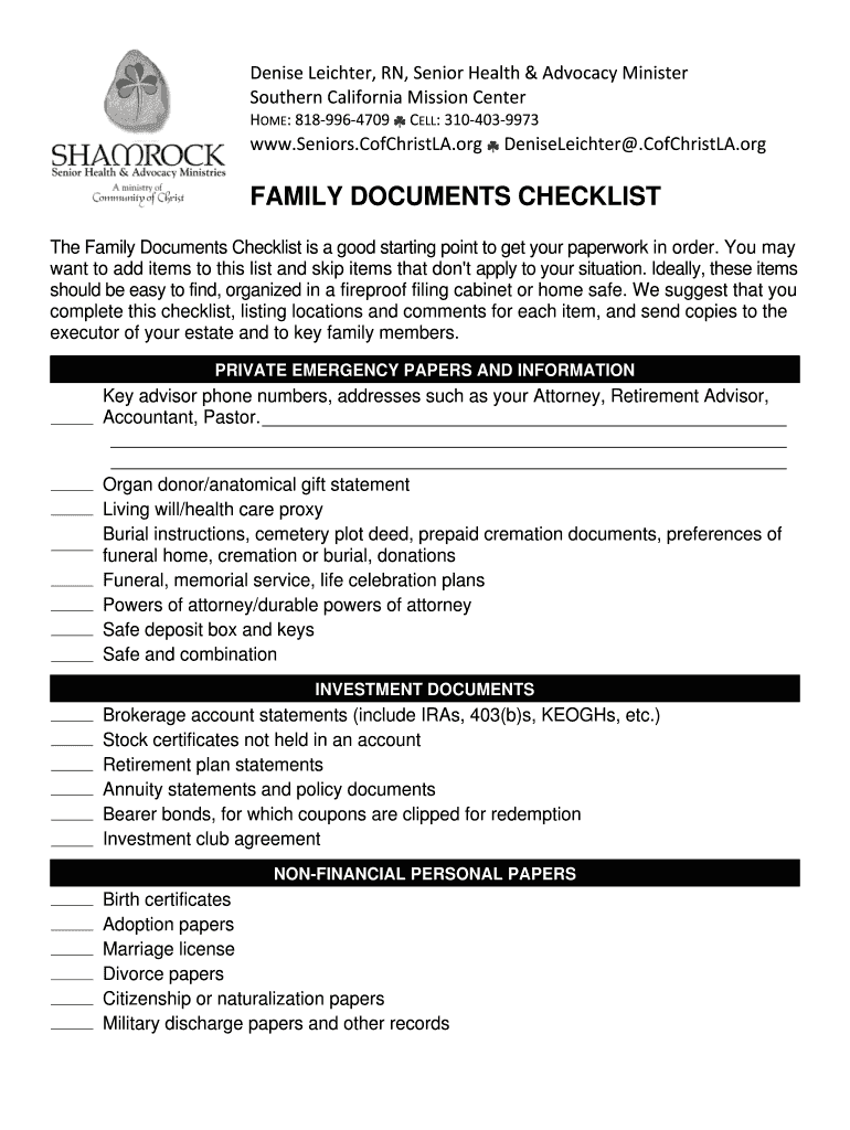 Fillable Online cofchrist-psi FAMILY DOCUMENTS CHECKLIST - cofchrist ...