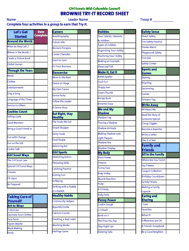 Fillable Online BROWNIE TRY-IT RECORD SHEET - Palo Alto Girl Scouts Fax ...