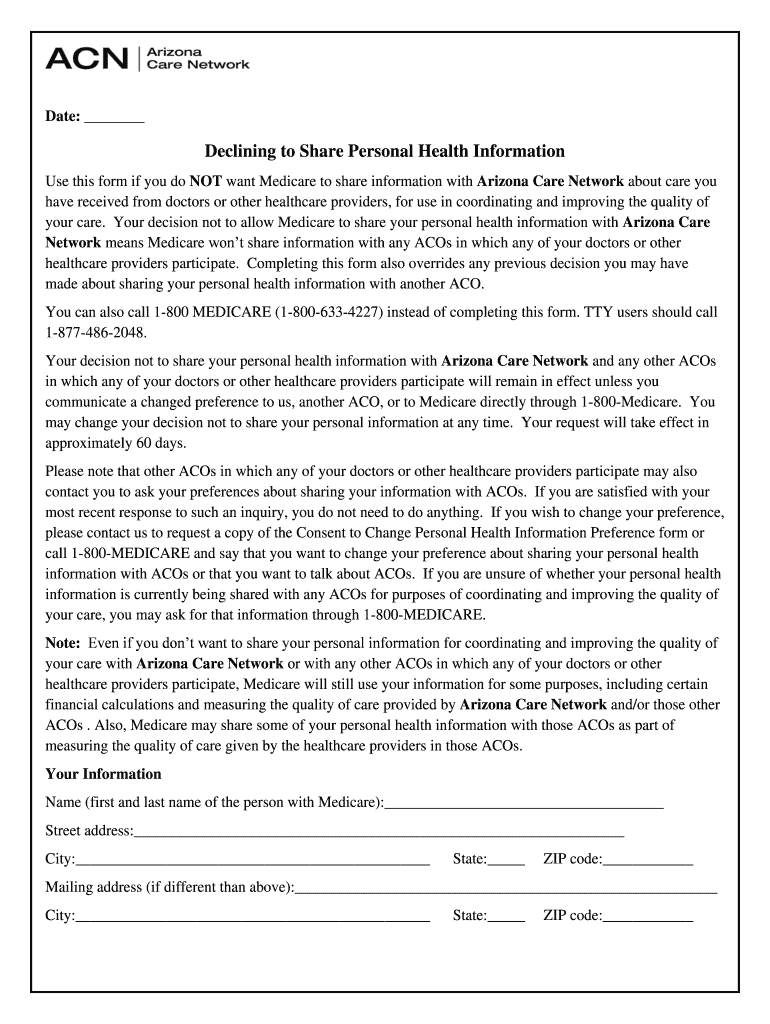 Fillable Online Declining to Share Personal Health Information - ACN ...