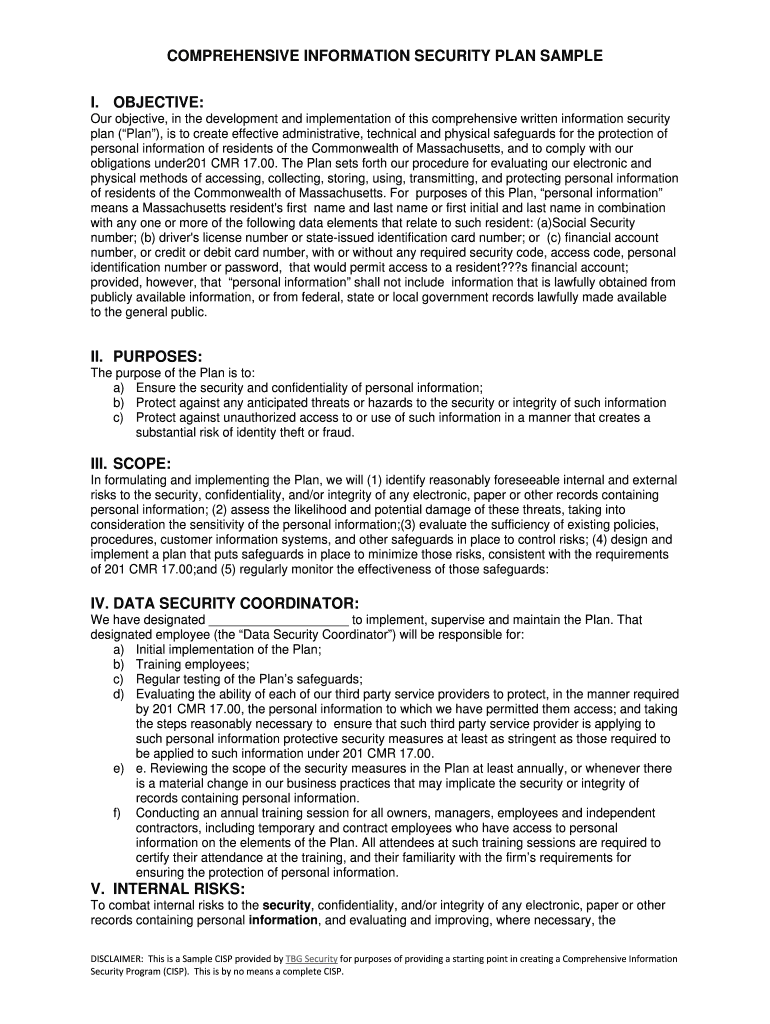 Fillable Online COMPREHENSIVE INFORMATION SECURITY PLAN SAMPLE Fax ...