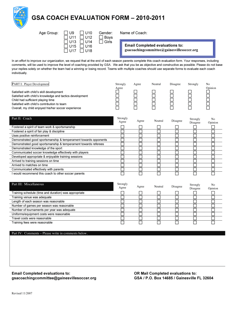 Fillable Online GSA COACH EVALUATION FORM 2010-2011 Fax Email Print ...