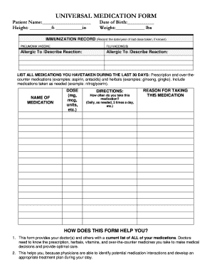 Fillable Online UNIVERSAL MEDICATION FORM - Baylor Medical Center At ...