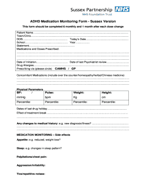 Fillable Online sussexpartnership nhs ADHD Medication Monitoring Form ...