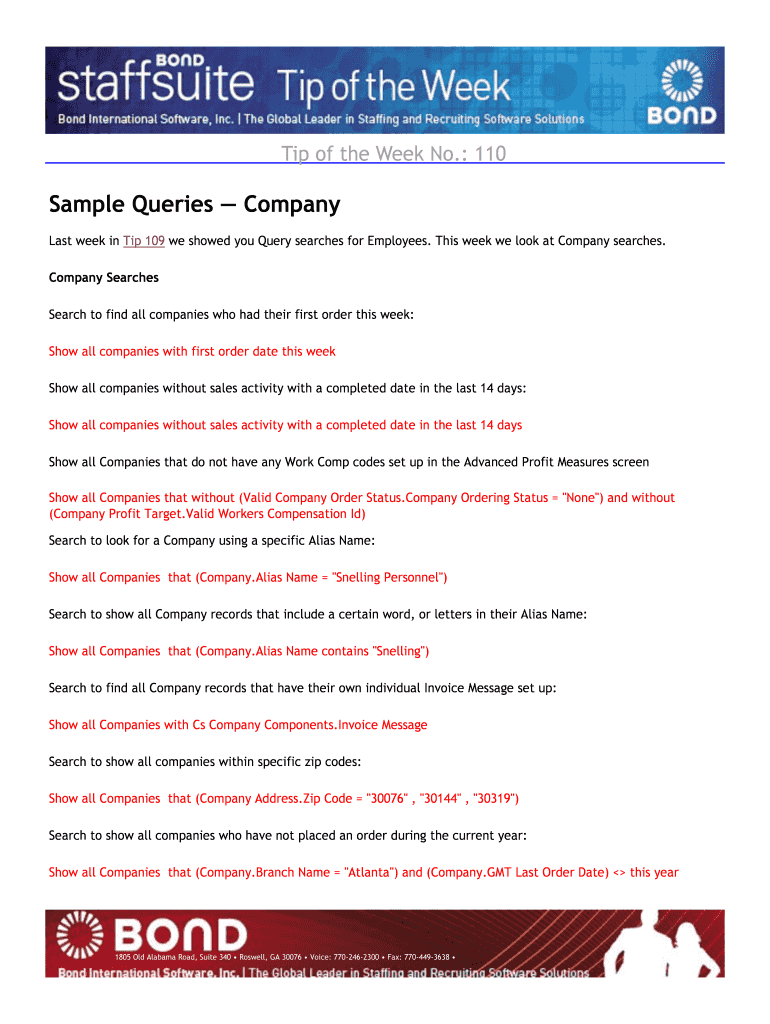 Fillable Online Sample Queries Company - Bond US Fax Email Print - pdfFiller