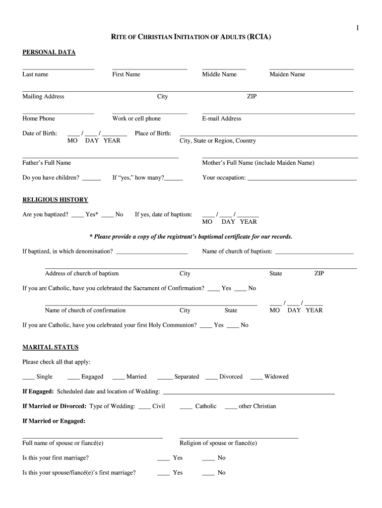 Fillable Online stmarydekalb RCIA Candidate Information Form Fax Email ...