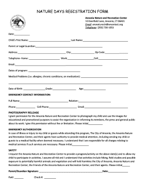 Fillable Online ansonianaturecenter NATURE DAYS REGISTRATION FORM ...