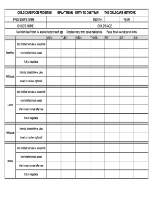 Fillable Online thechildcarenetwork CHILD CARE FOOD PROGRAM INFANT MENU ...