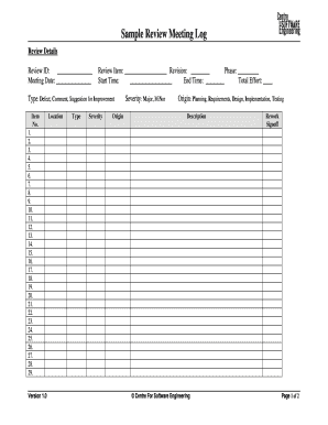 Fillable Online Sample Review Meeting Log - Centre for Software ...