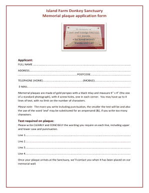 Fillable Online donkeyrescue co Island Farm Donkey Sanctuary Memorial plaque application form ...