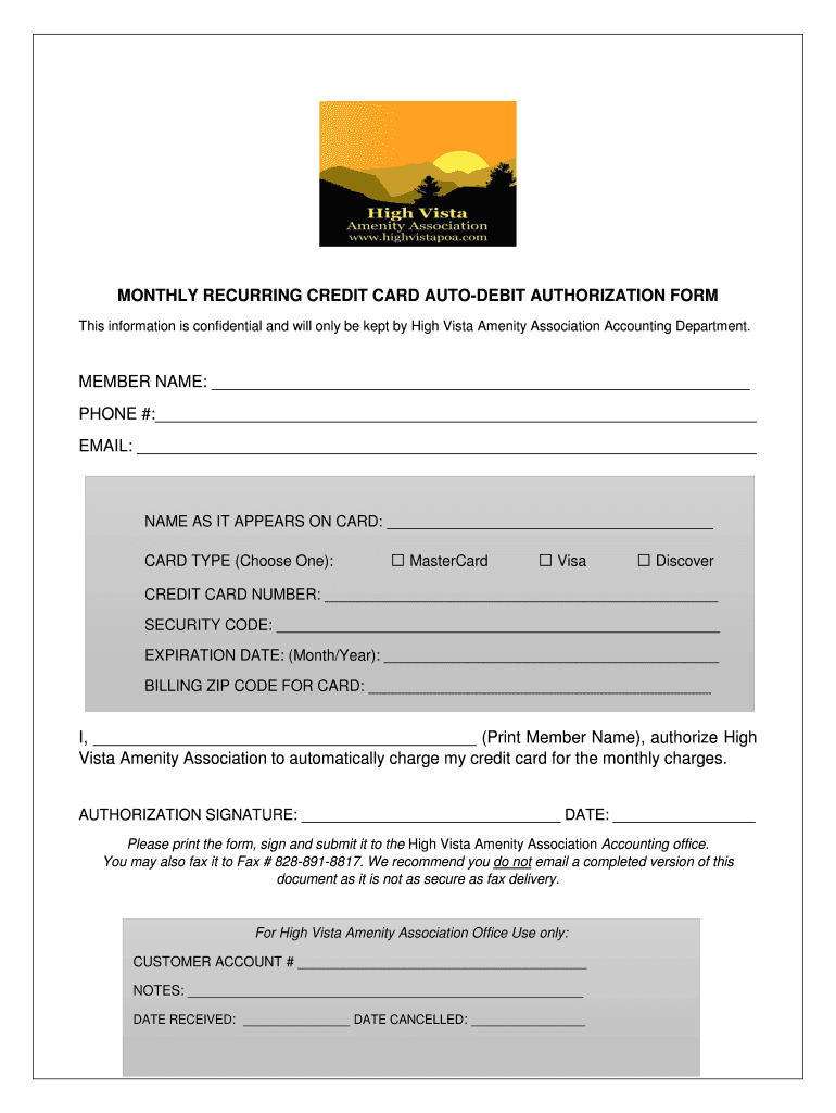 Fillable Online MONTHLY RECURRING CREDIT CARD AUTO-DEBIT AUTHORIZATION FORM Fax Email Print ...