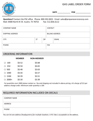 Fillable Online GHS LABEL ORDER FORM - Propane Service Corp Fax Email ...