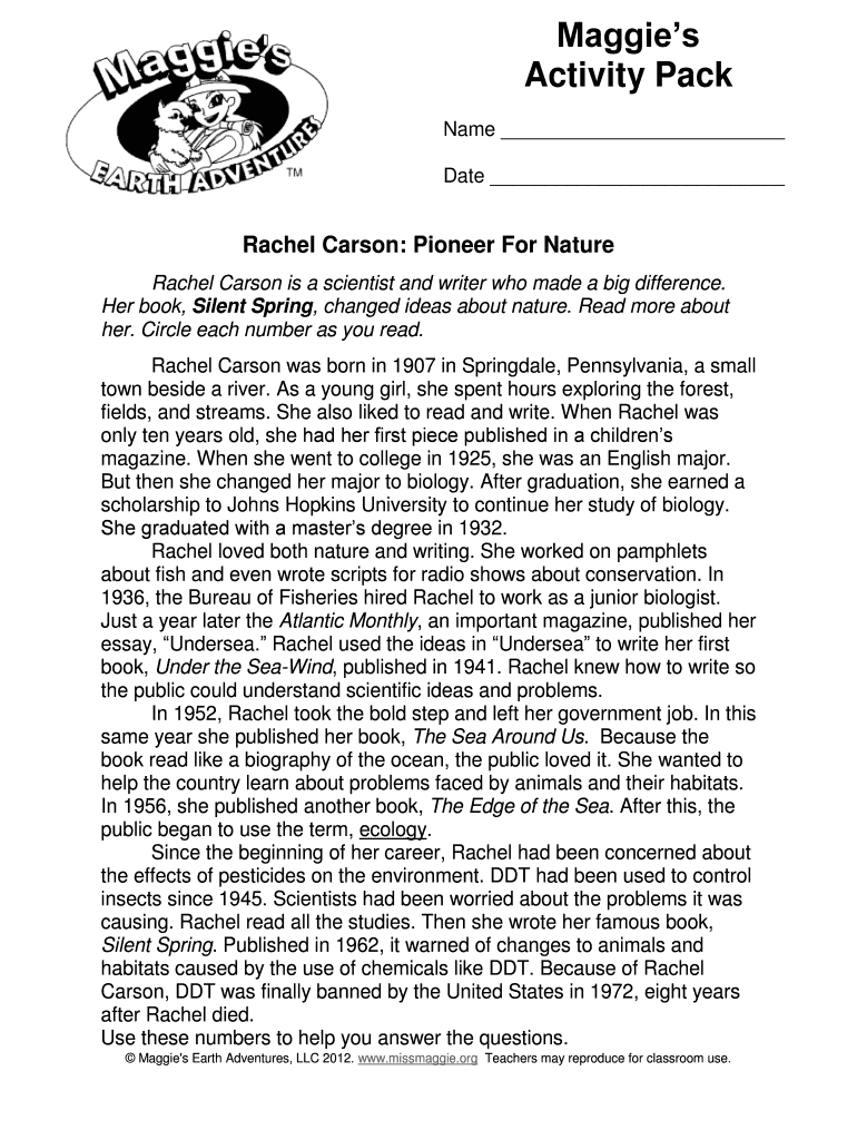 Fillable Online missmaggie Rachel Carson Pioneer For Nature ...