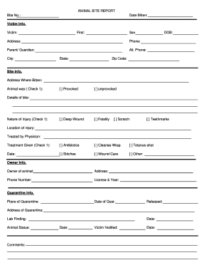 Fillable Online ANIMAL BITE REPORT Bite No Date Bitten Victim First Fax ...