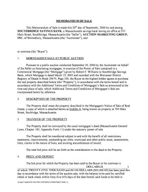 Fillable Online MEMORANDUM OF SALE This Memorandum of Sale is made this ...