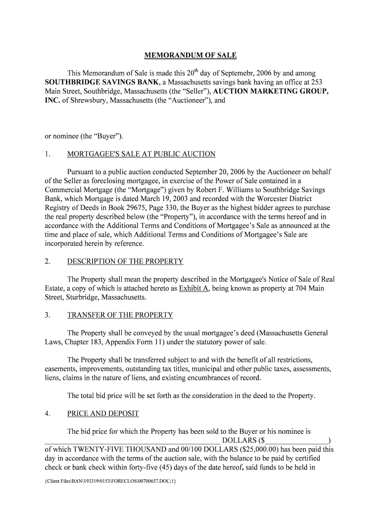 Fillable Online MEMORANDUM OF SALE This Memorandum of Sale is made this ...