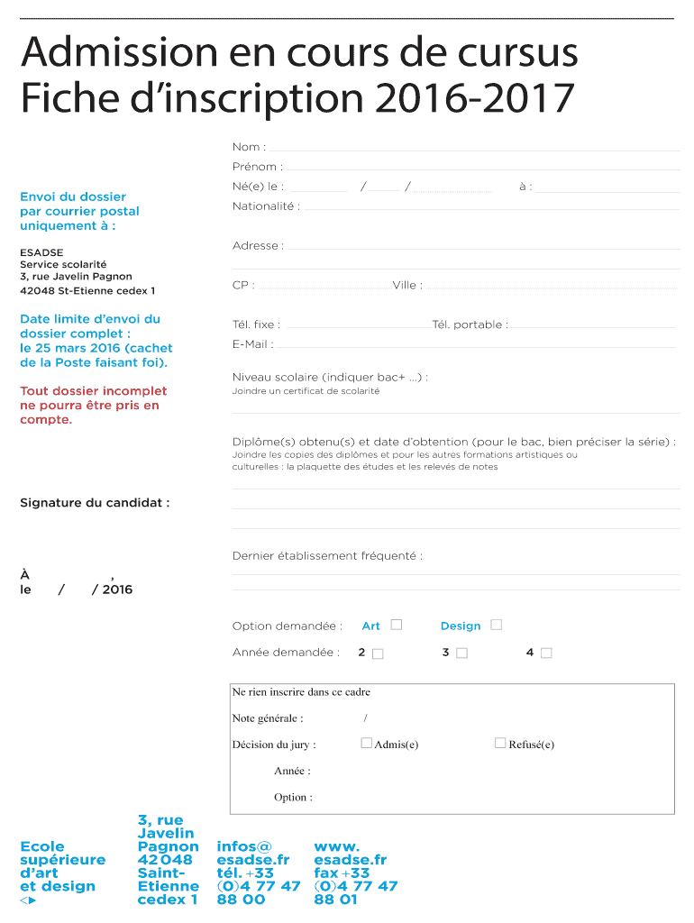 Remplissable En Ligne esadse Admission en cours de cursus Fiche dinscription 2016-2017 Fax Email ...