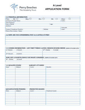 Fillable Online perrybs bham sch A Level APPLICATION FORM ...