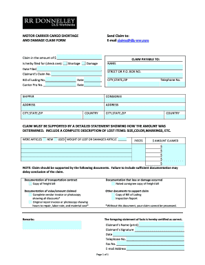 Fillable Online MOTOR CARRIER CARGO SHORTAGE Send Claim to AND DAMAGE ...