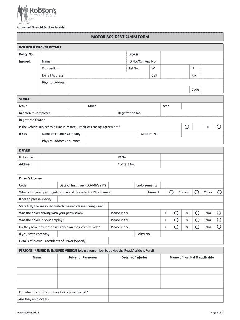 Fillable Online robsons co MOTOR ACCIDENT CLAIM FORM - bRobsonsb ...