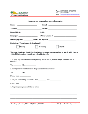 Fillable Online Contractor screening questionnaire ...