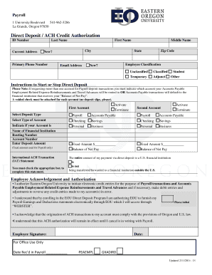 Fillable Online eou BDirectb Deposit ACH Credit bAuthorizationb - Eastern Oregon University Fax ...
