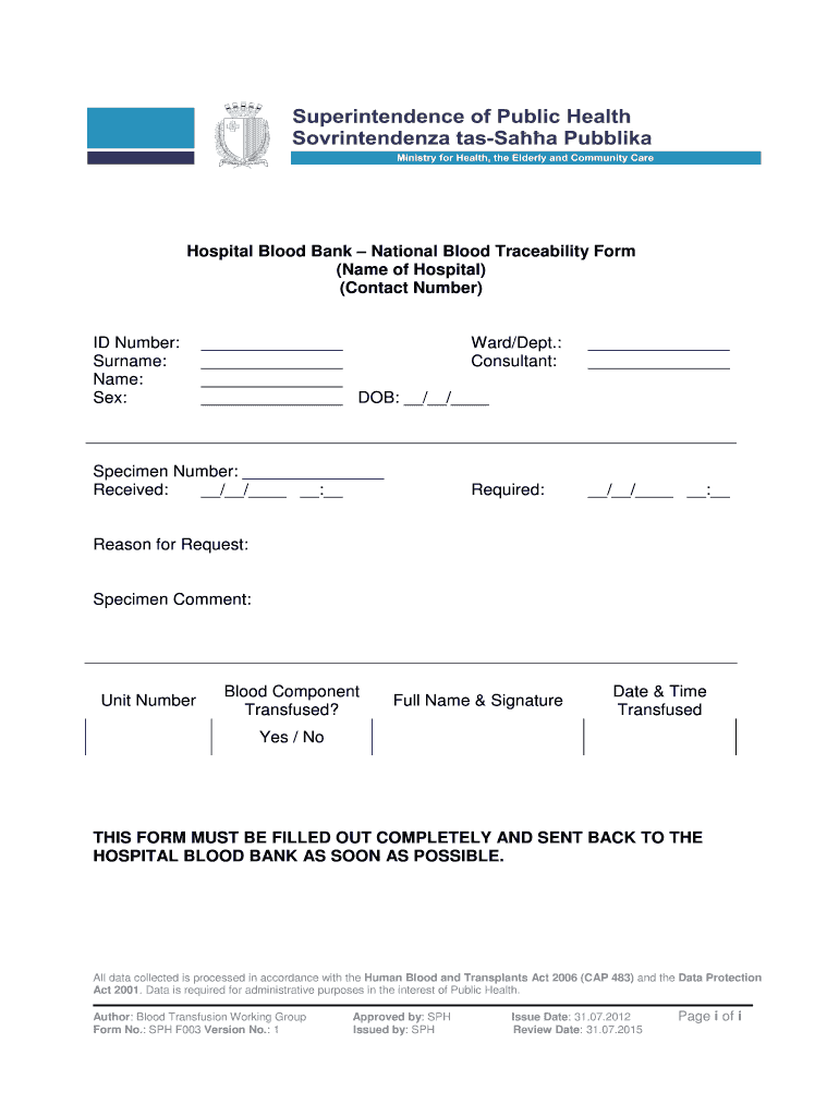 Fillable Online mcfd org Hospital Blood Bank National Blood ...