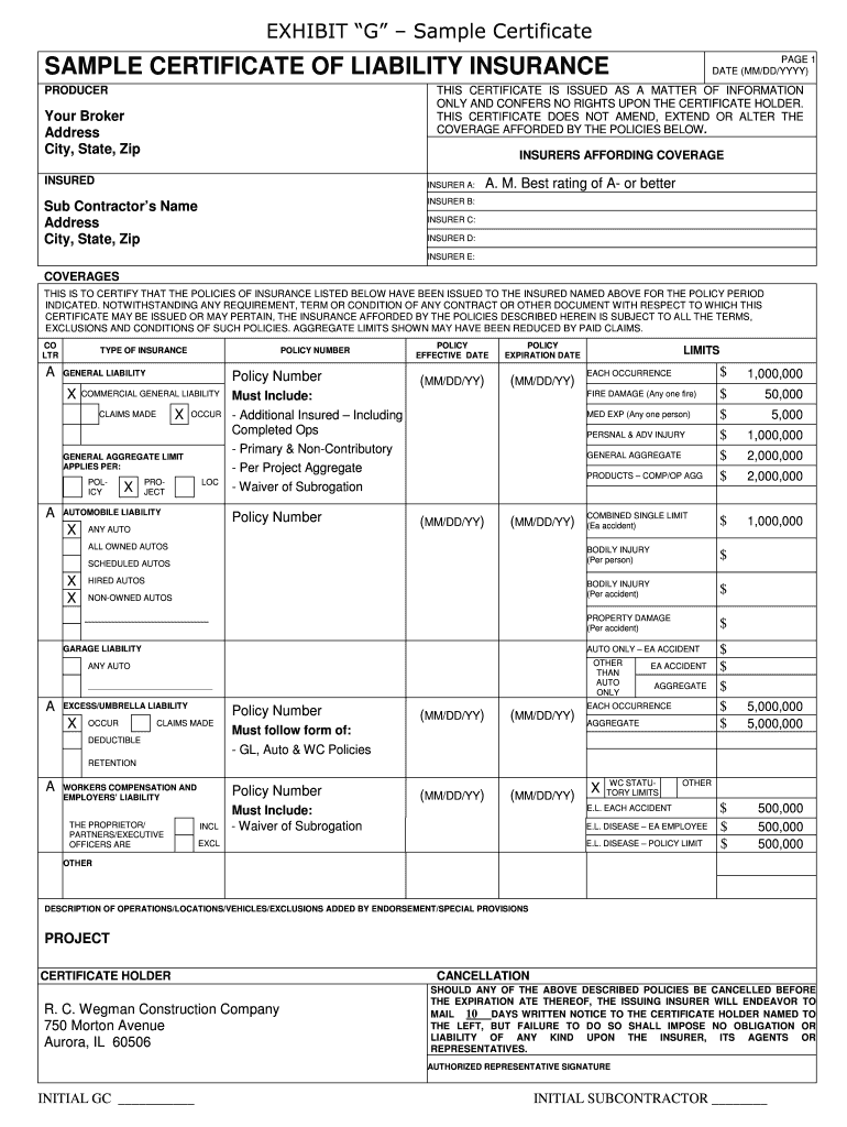 Fillable Online SAMPLE CERTIFICATE OF LIABILITY INSURANCE PRODUCER Fax ...