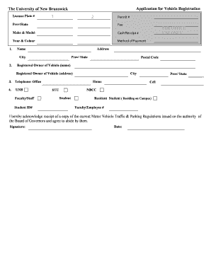 Fillable Online The University of New Brunswick Application for Vehicle ...
