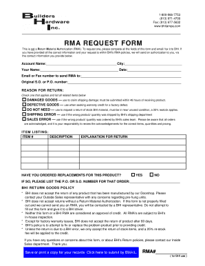 Fillable Online RMA REQUEST FORM - Builders Hardware Florida Fax Email ...