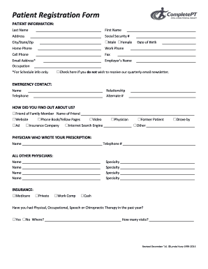 Fillable Online Patient Registration Form - Physical Therapy treatment ...