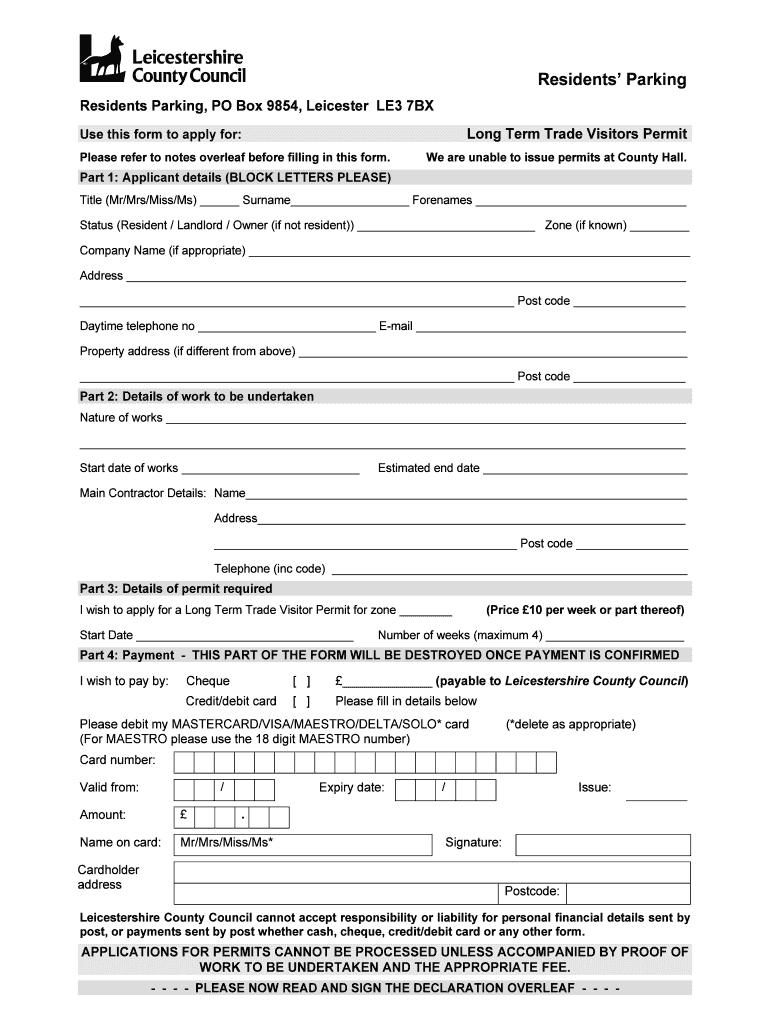 Fillable Online asch leics gov Long Term Trade Visitor Permits ...