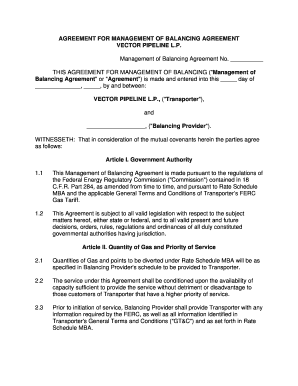 Fillable Online AGREEMENT FOR MANAGEMENT OF BALANCING AGREEMENT ...