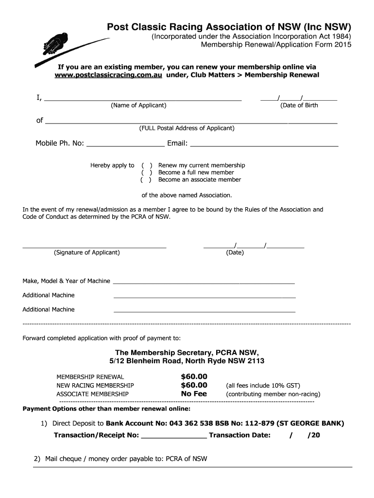 Fillable Online Post Classic Racing Association of NSW (Inc NSW) - PCRA ...
