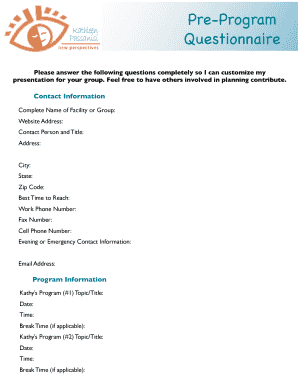 Fillable Online Pre-Program Questionnaire PDF - Kathleen Passanisi Fax ...