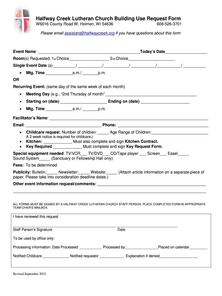 Fillable Online halfwaycreek Halfway Creek Lutheran Church Building Use ...
