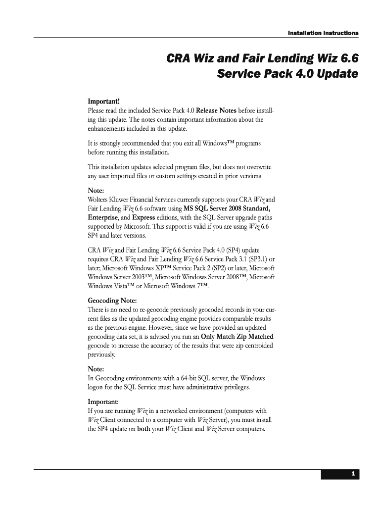 Fillable Online CRA Wiz and Fair Lending Wiz 66 Service Pack 40 Update ...